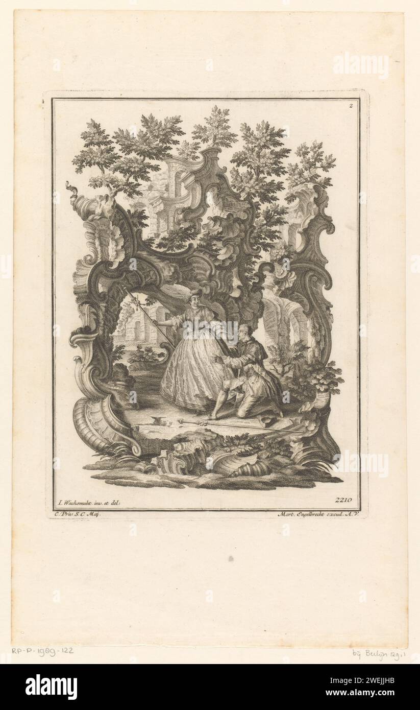 Pilgrim kneels for female pilgrim, 1721 - 1756 print In a rocaille ...