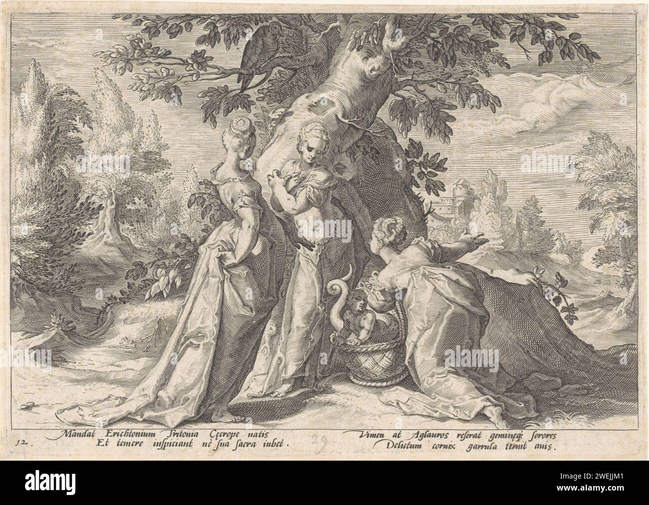 Daughters of Cecrops open the basket of Minerva, 1590 print The ...