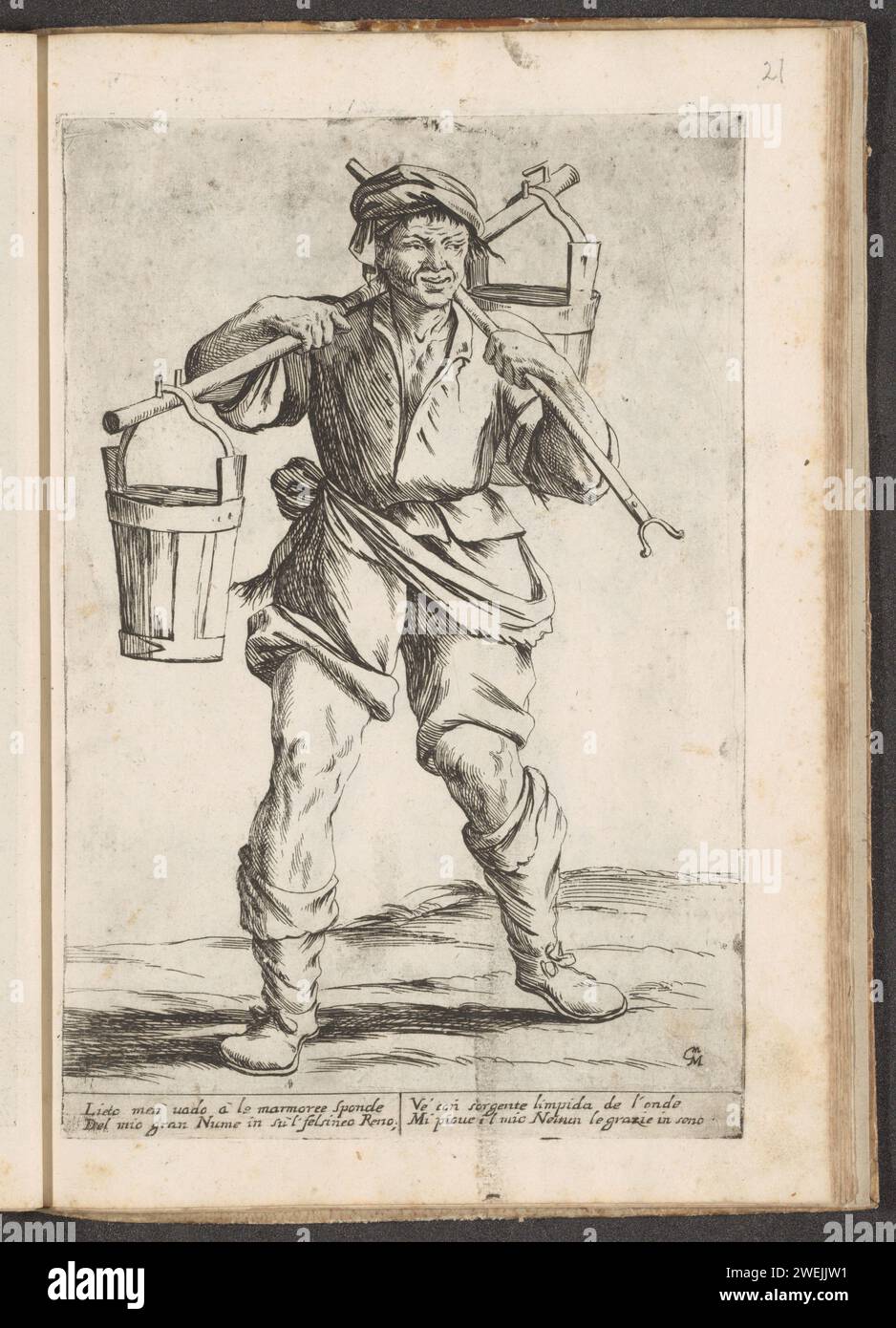 Water carrier, 1660 print A man with a yoke with two buckets over his ...
