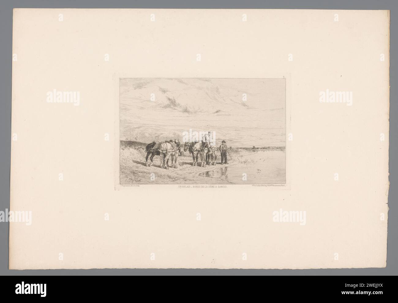 Two men with horses by a river, Jules Jacques Veyrassat, 1876 print ...