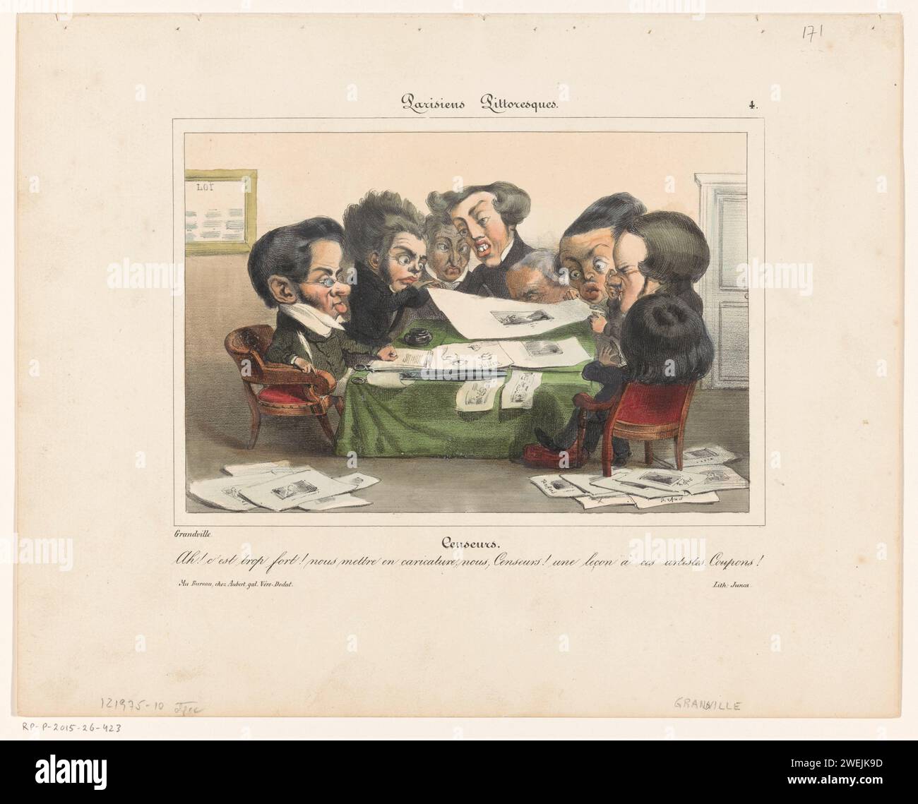 Caricature of French censors, 1835 print Eight French censors bend over ...