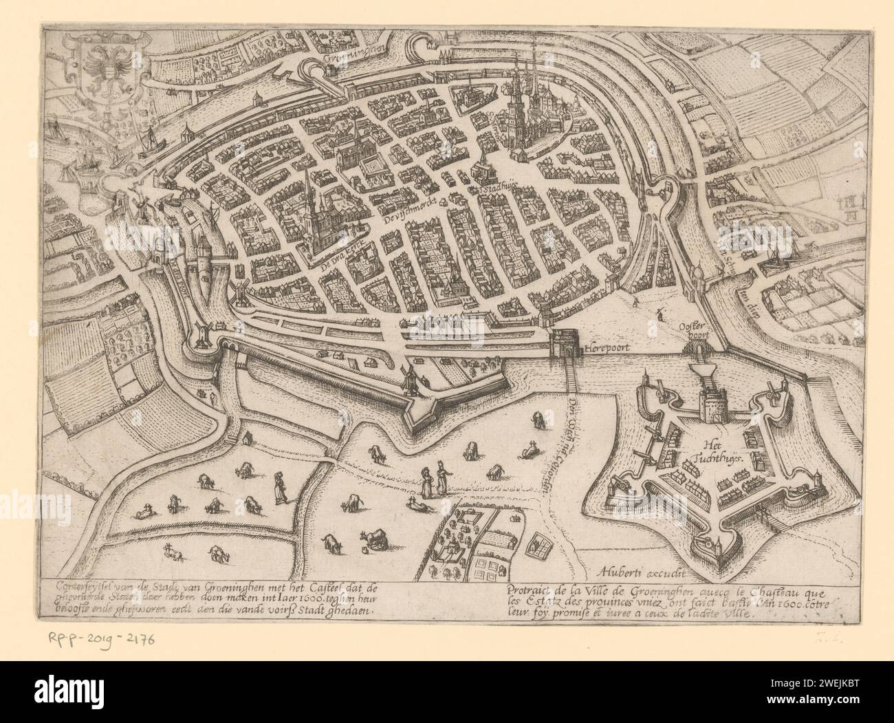 Map of Groningen, Anonymous, 1600 - 1648 print paper etching maps of cities Groningen Stock ...