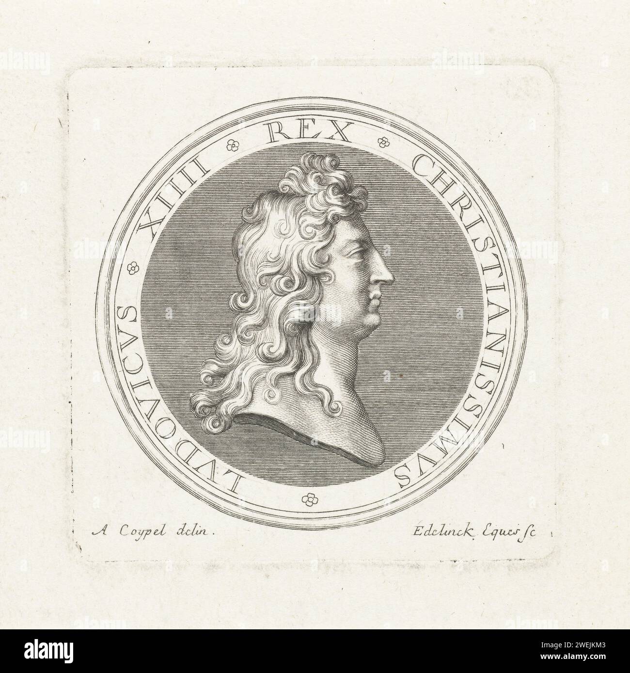 Penning with bust of Louis XIV, Gerard Edelinck, after Antoine Coypel ...