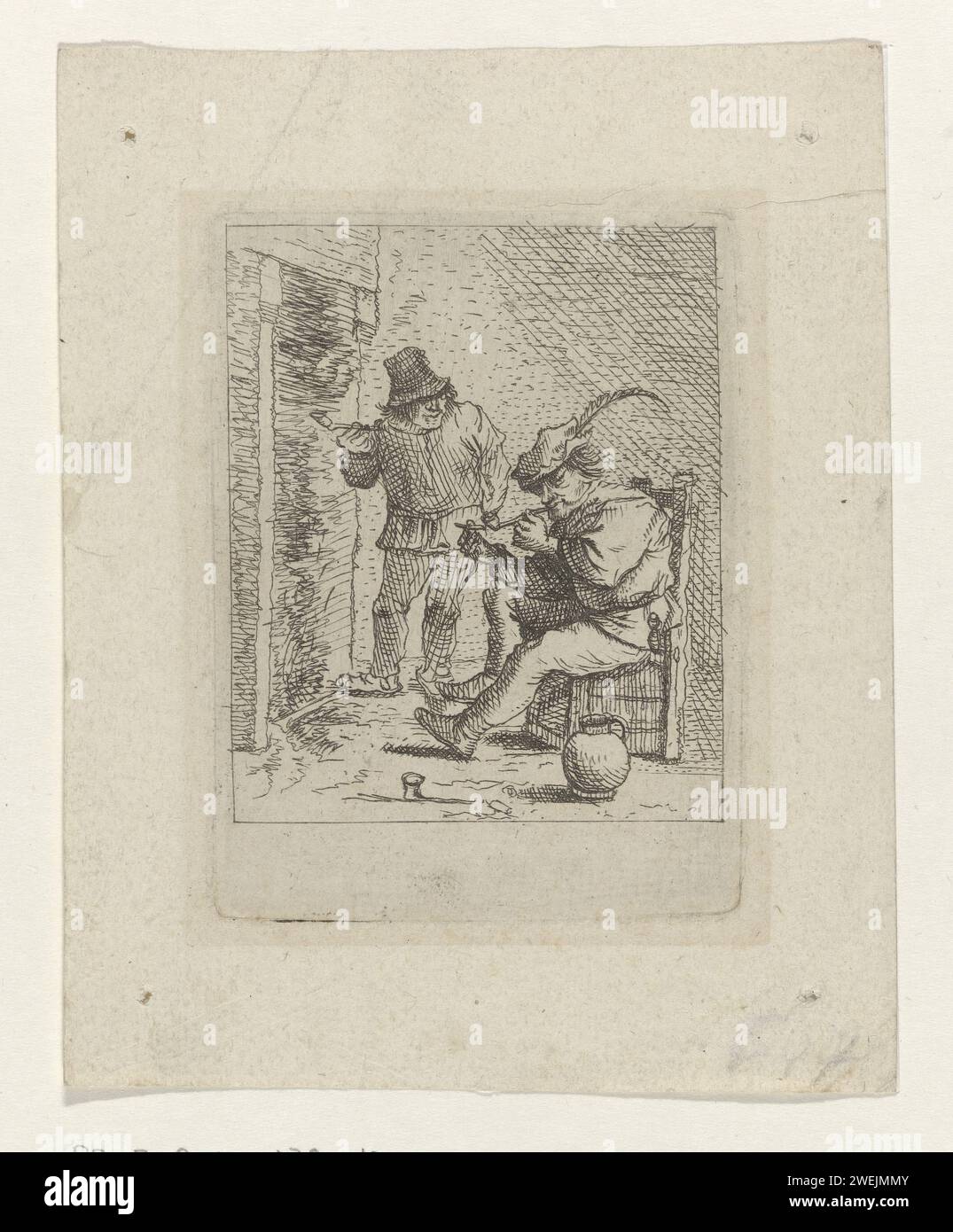 Two smoking farmers by a fireplace, anonymous, after David Teniers (II), c. 1600 - c. 1750 print ...