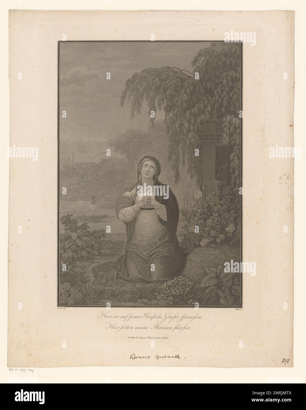 Praying kneeling woman for a grave, Meyer (engraver), After Wilhelm ...