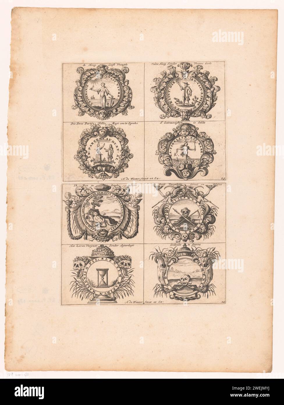 Emblemata with standing figures and skulls, Anthonie de Winter, 1697 ...