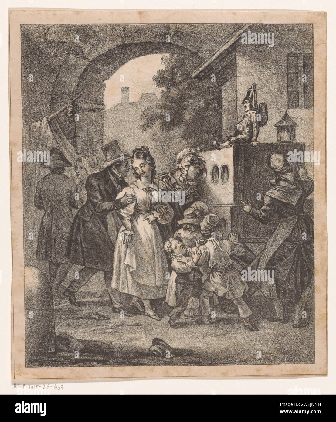 Figures around a viewing box, c. 1825 - c. 1875 print On a square is a ...