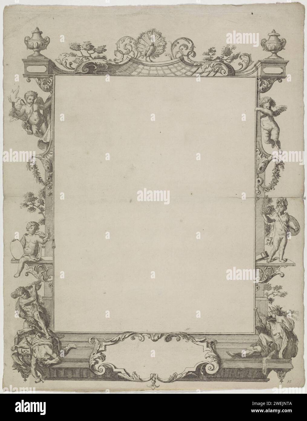 Wish letter with a peacock, putti and mythological figures, c. 1700 - c ...