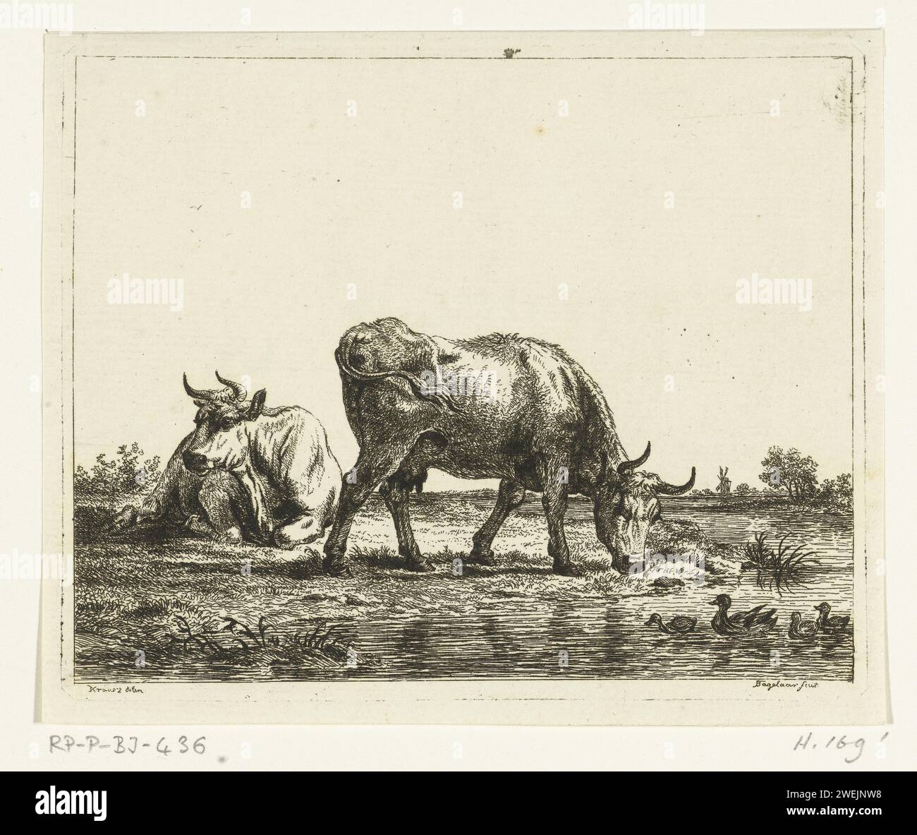 Pasture with two cows at a ditch with ducks, Ernst Willem Jan Bagelaar ...