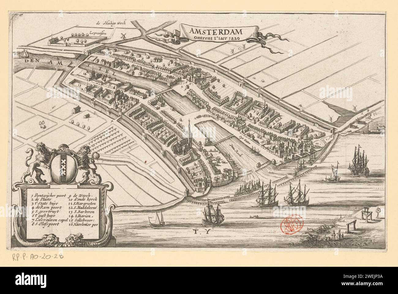 Map of Amsterdam, 1220, Anonymous, 1663 - 1748 print Map of Amsterdam as it would have looked in ...