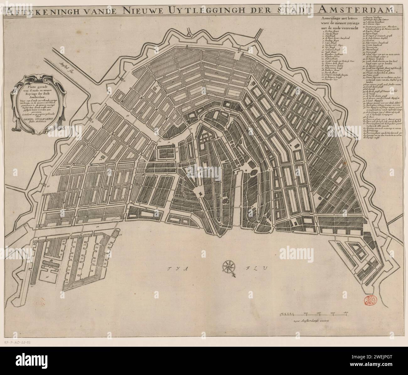 Map of Amsterdam with design for the fourth explanation, Anonymous, After Daniel Stalpaert, 1662 ...