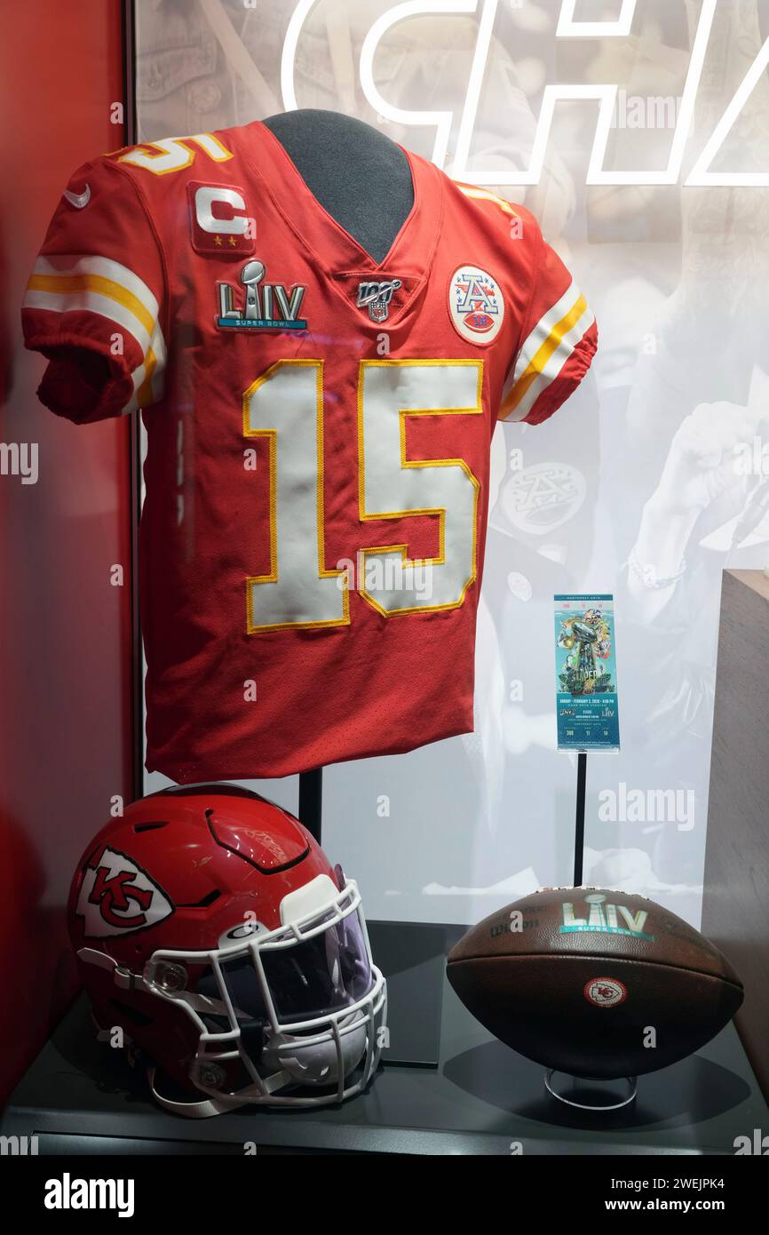 The jersey and helmet worn by quarterback Patrick Mahomes (54) in Super ...
