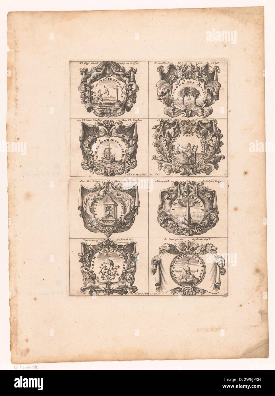 Emblemata with amor, bell tower and obelisk, Anthonie de Winter, 1697 ...
