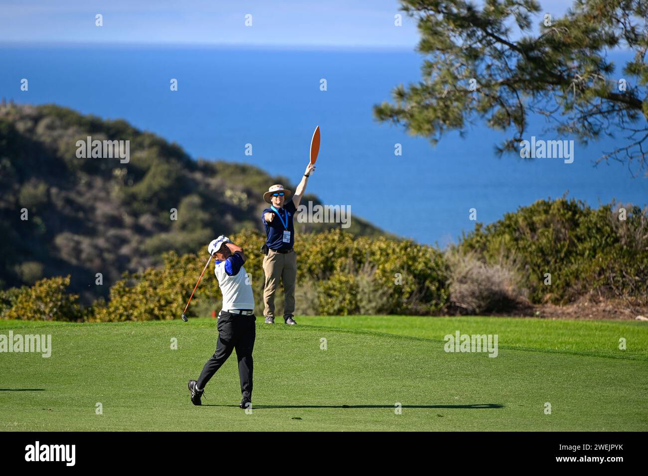LA JOLLA, CA - JANUARY 25: Hideki Matsuyama (JPN) watches his second ...