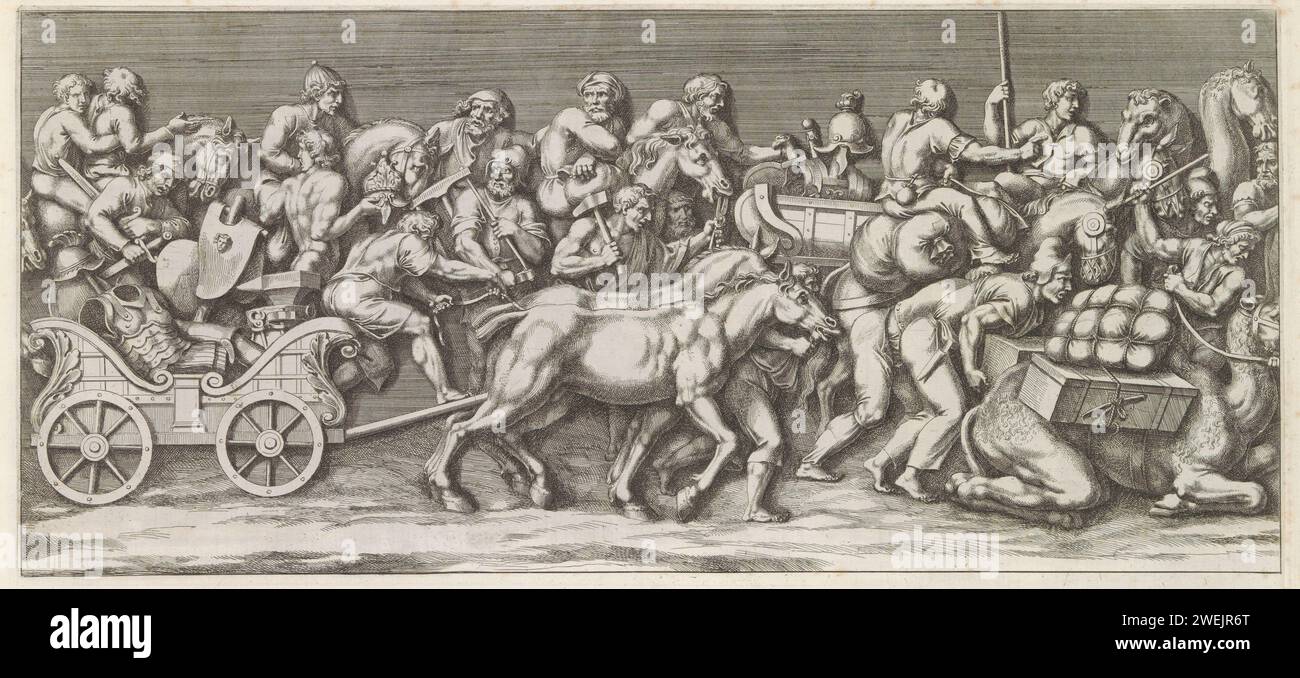 Part of a triumphal procession with soldiers and horses who pull carts ...