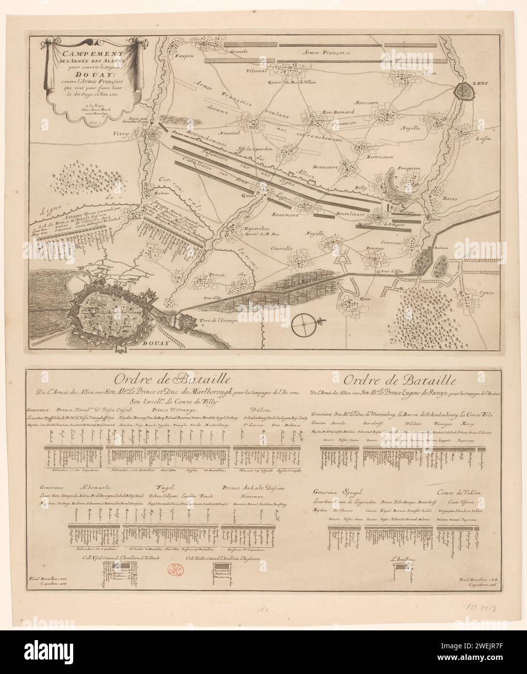 Location of the Allies at the siege of Douai, 1710, 1710 print Map with ...