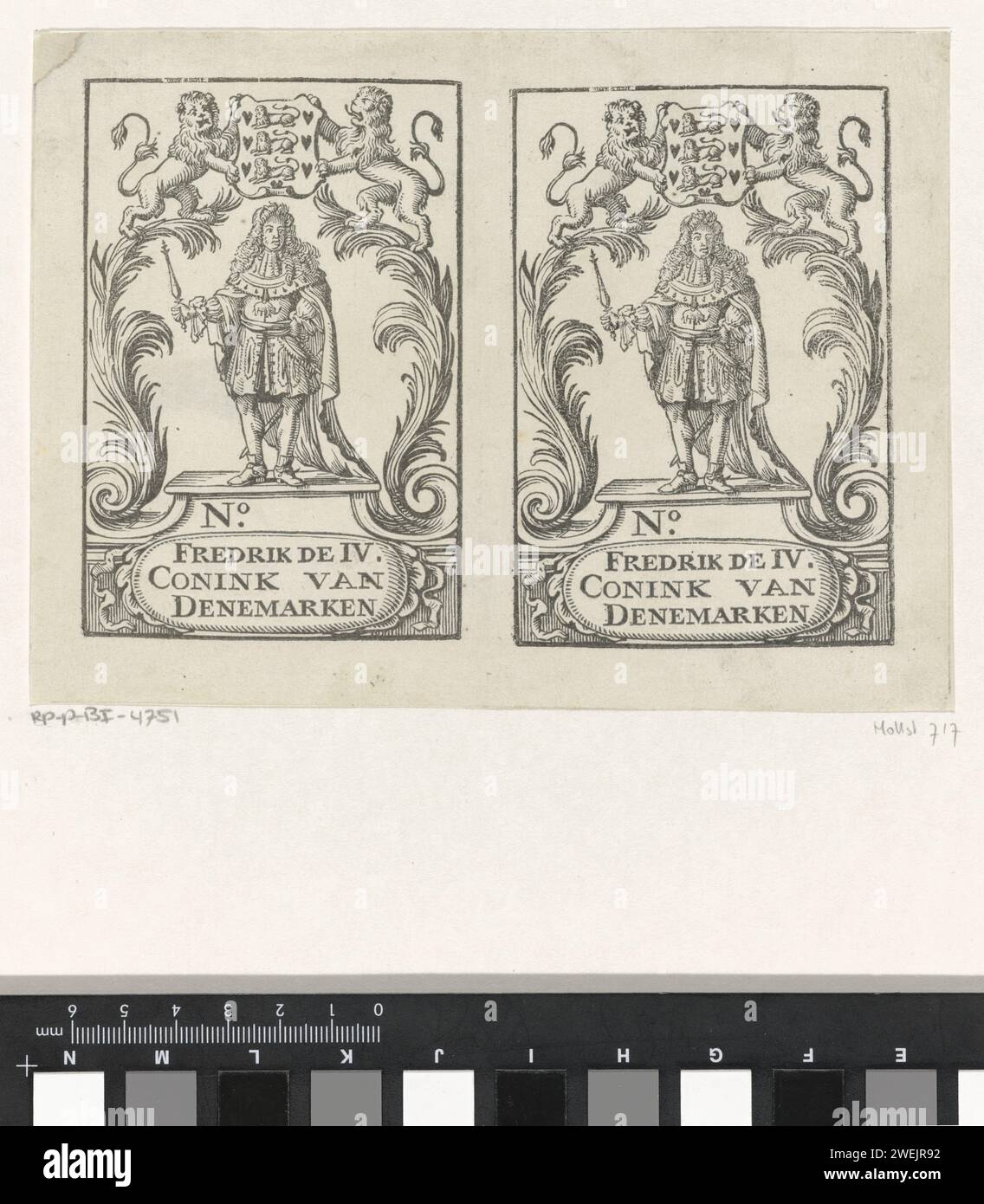 Two trade labels with portrait of Frederik IV, King of Denmark and ...