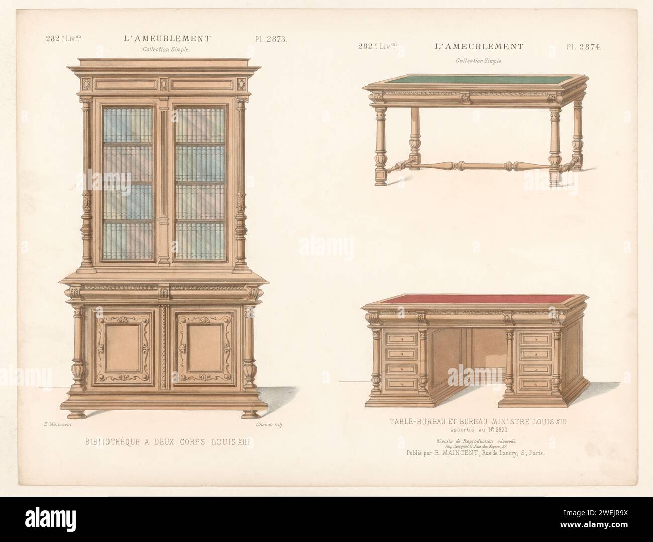 Bookcase and two desks, Chanat, 1885 - 1895 print A bookcase and two ...