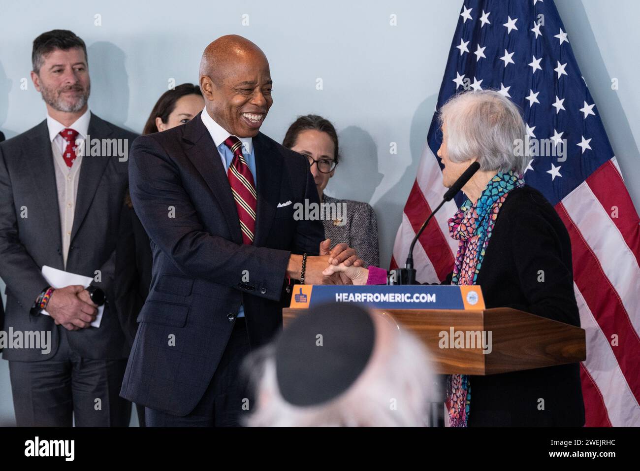 Mayor Eric Adams greets Toby Levy, Holocaust survival during ...