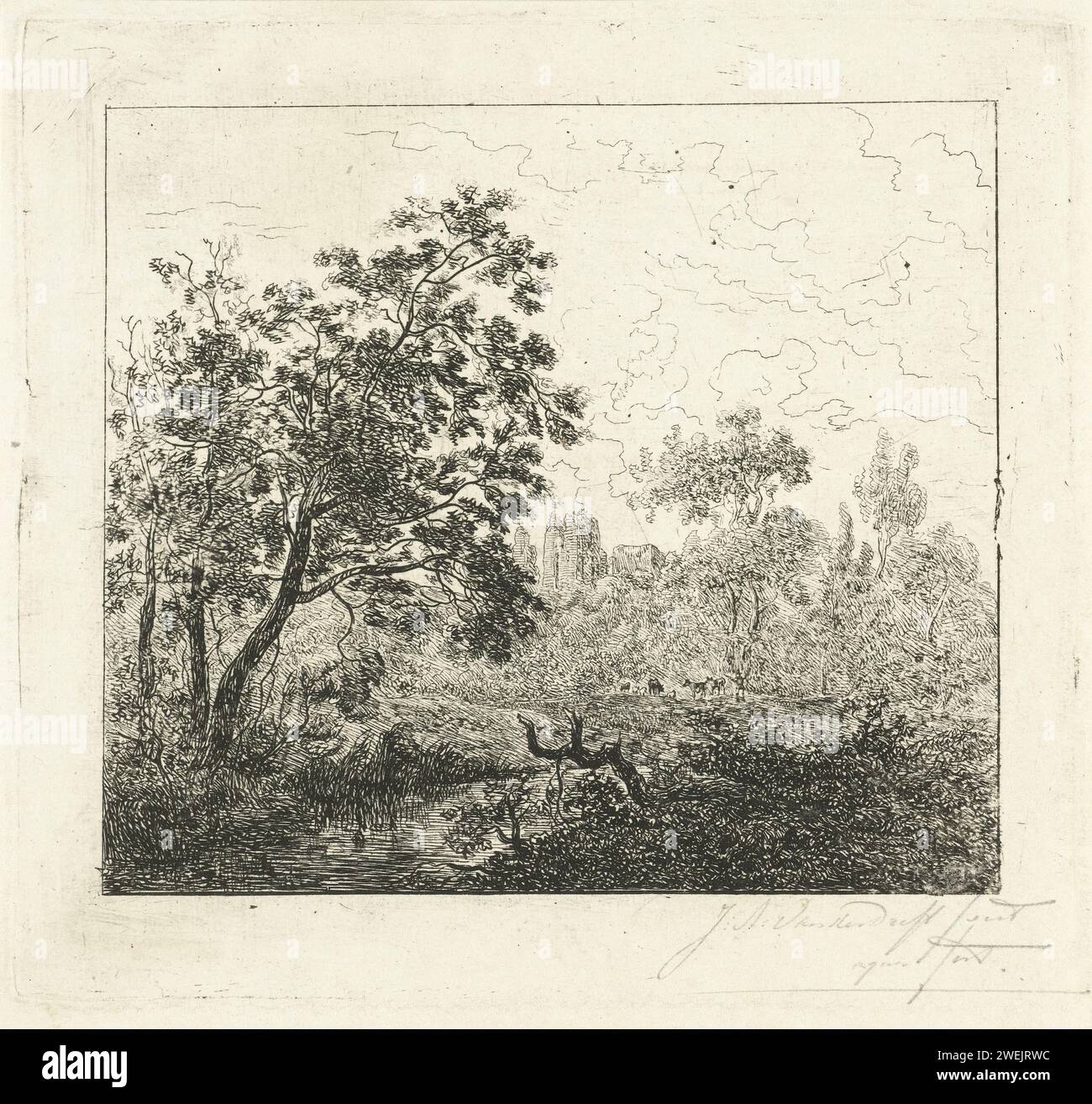 Landscape with a river and a tree stump, Johannes Adrianus van der ...