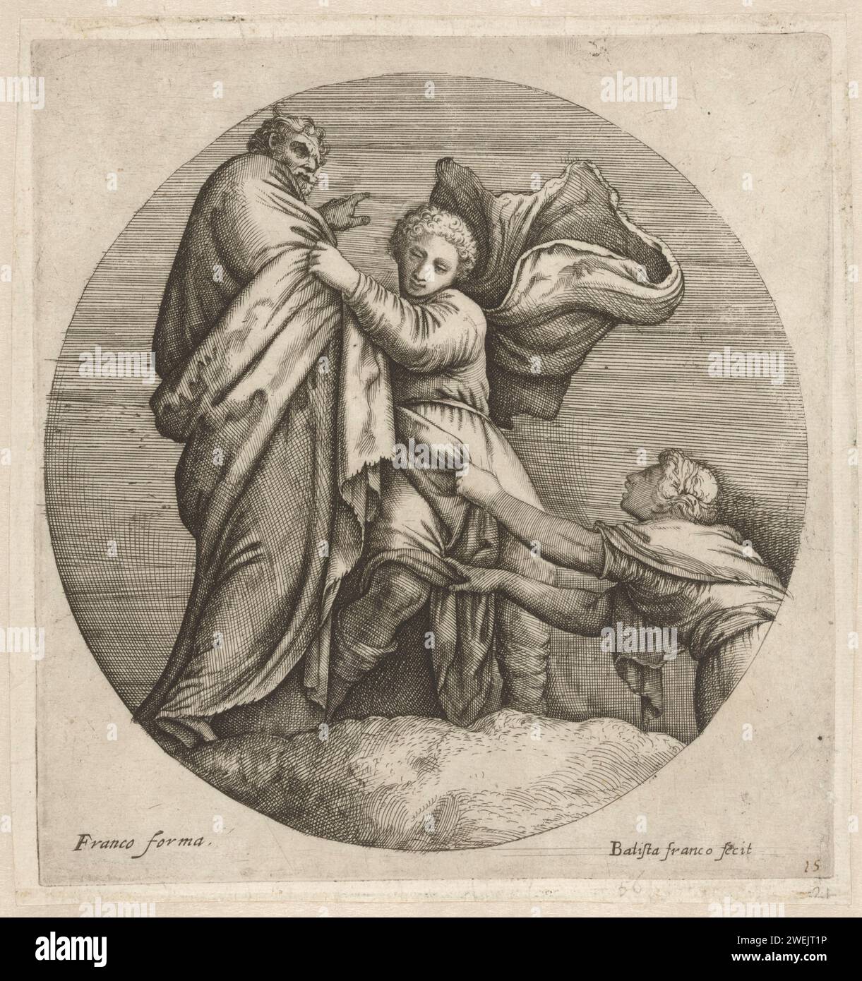 Woman pulls the mantle of a young man who clings to a wise man, 1520 ...