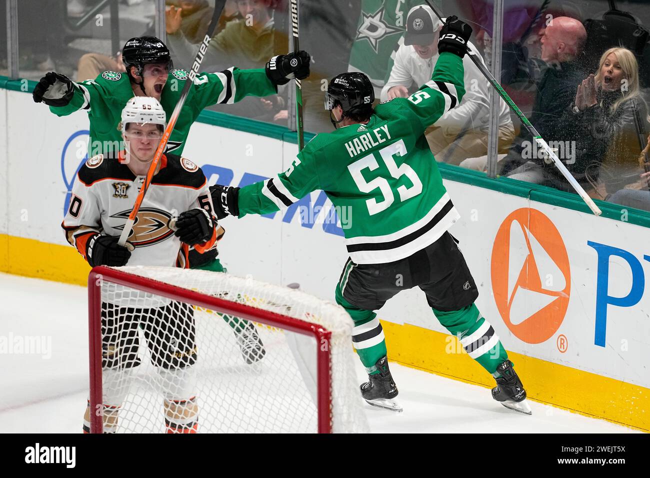 Dallas Stars defenseman Thomas Harley (55) and Roope Hintz (24 ...