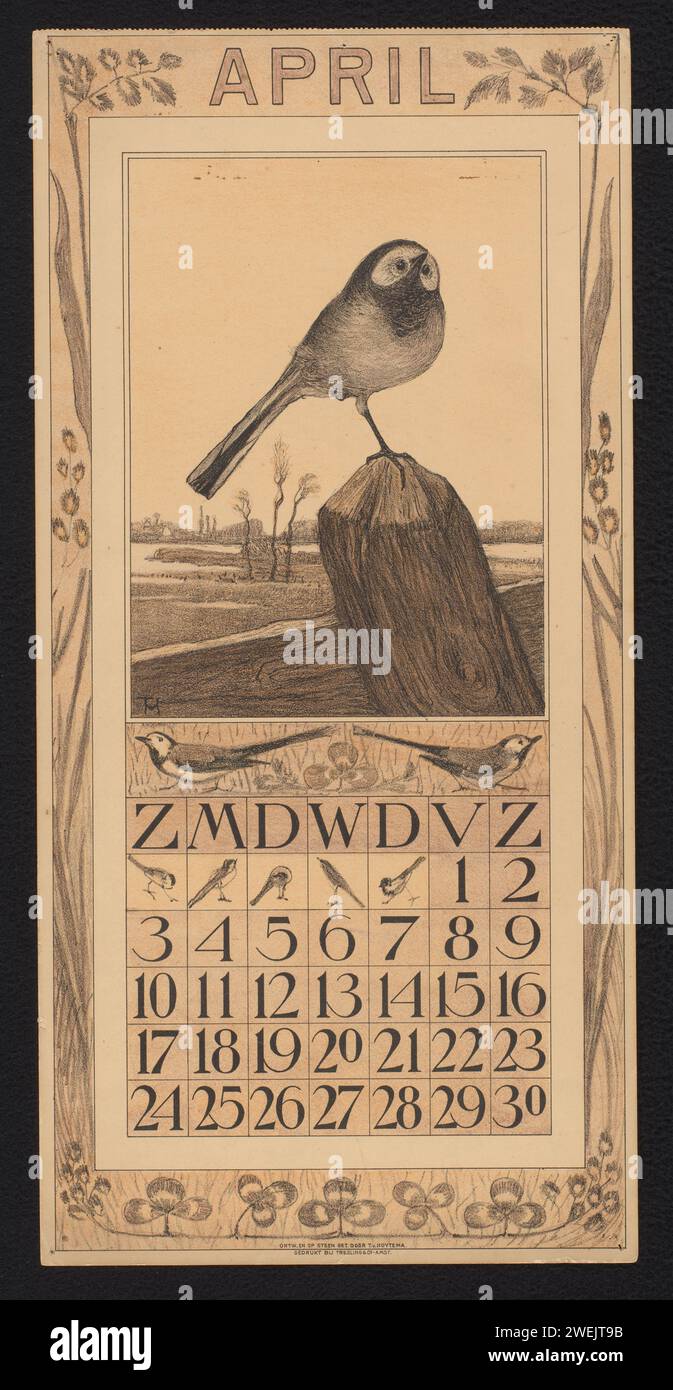 Calendar leaf for April 1910 with a white wagtail, Theo van Hoytema ...