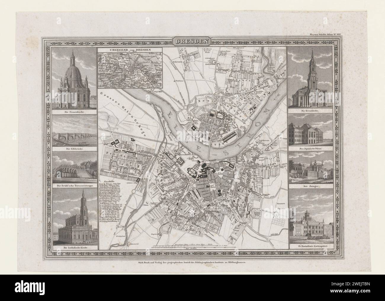 Map of Dresden with faces on buildings in the city, Bibliographisches ...