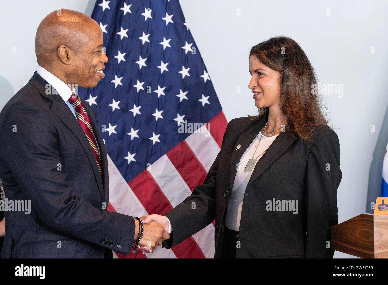New York, USA. 25th Jan, 2024. Mayor Eric Adams greets Natalie ...