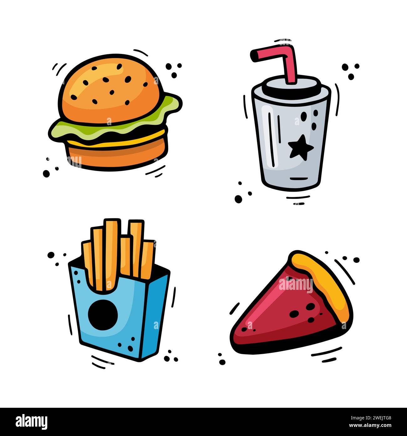 Fast food icons set - Hamburger, French fries, paper cup with drink ...
