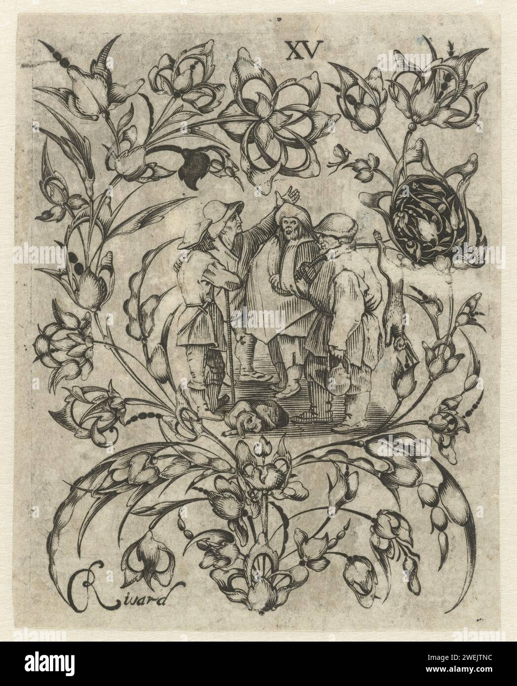 Four peasant figures and a dog in an ornamental frame, c. 1602 - c. 1670 print paper engraving ...