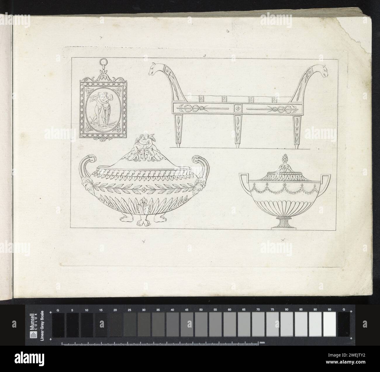 Diana on her chariot, a bed, vases, a table and a bowl on a column with ...
