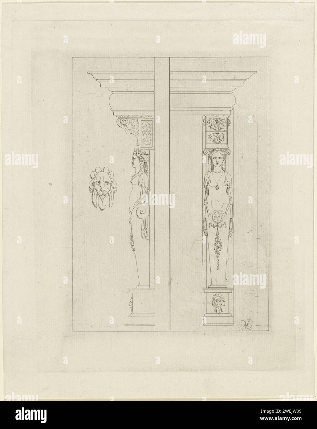 Kariatiden, 1783 - 1839 print paper etching half-column, pilaster ...