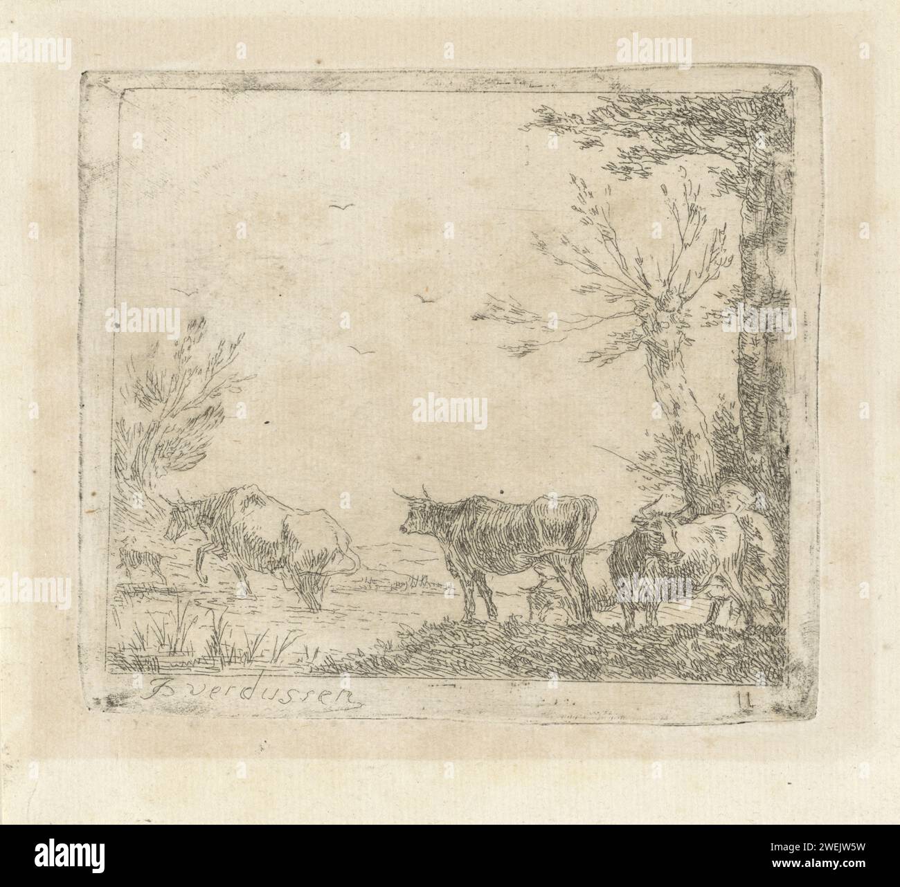 Three cows by a river, 1710 - 1763 print Shepherd with three cows at a ...