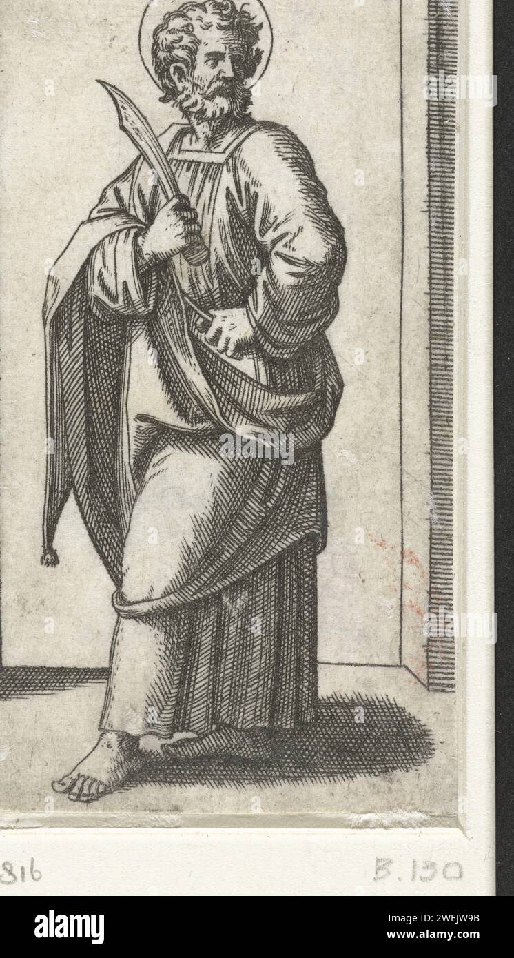 Apostel Bartolomes met mes, Marcantonio Raimondi, after Rafaël, 1517 ...