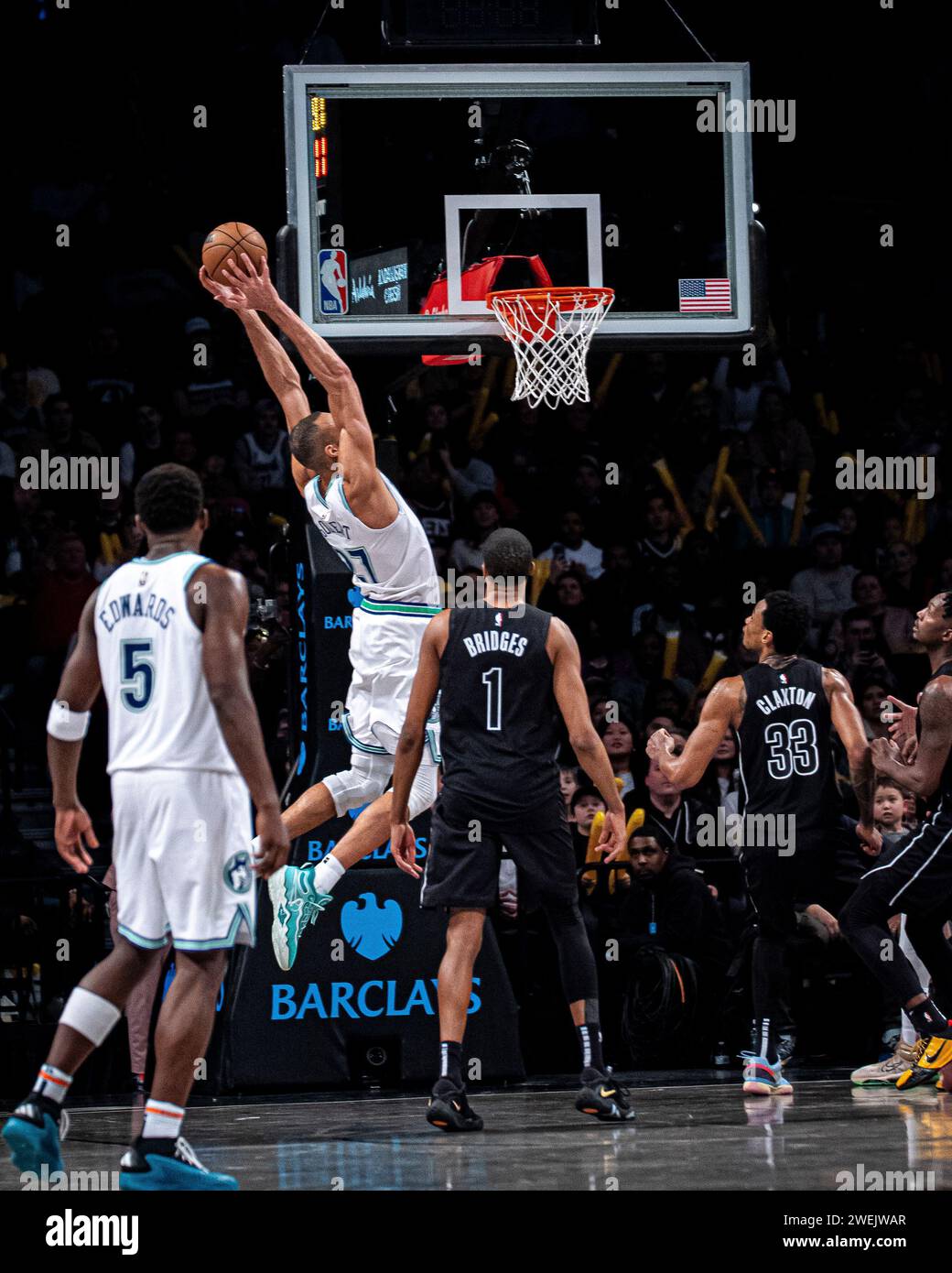 Minnesota Timberwolves center Rudy Gobert (27) goes up for a dunk against the Brooklyn Nets ...