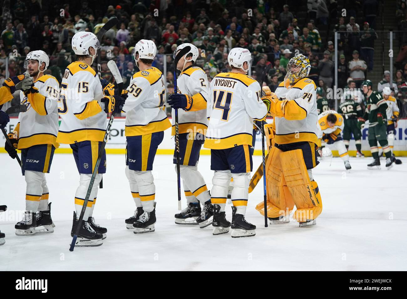 Nashville Predators goaltender Juuse Saros, right, celebrates with ...