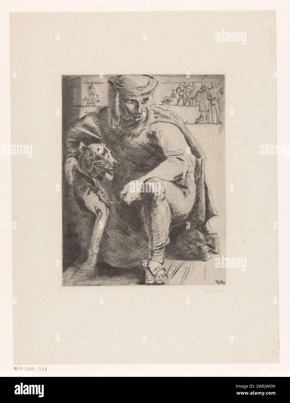 Hunter with dog, Willem van Konijnenburg, 1928 print A kneeling figure ...