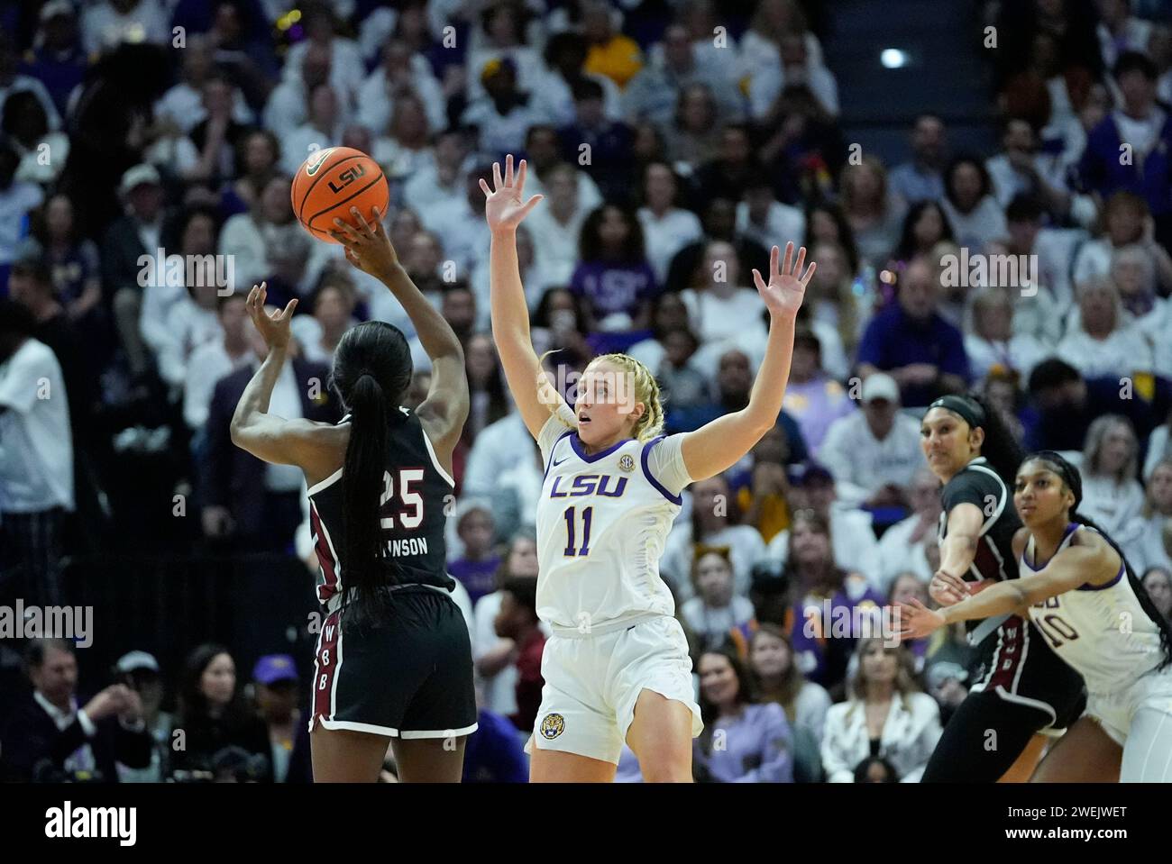 South Carolina guard Raven Johnson (25) shoots against LSU guard Hailey ...