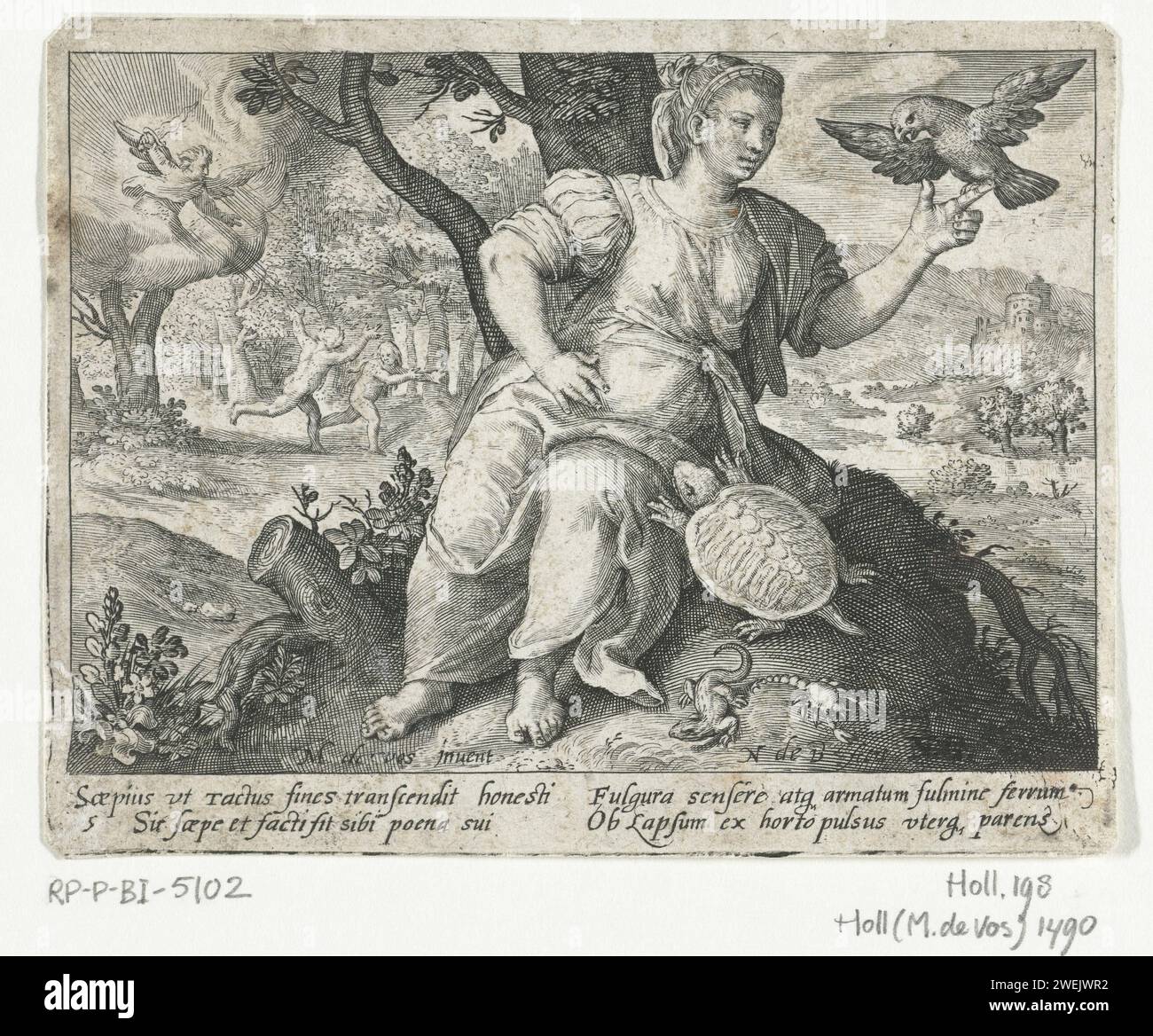 Sense feeling, Nicolaes de Bruyn, After Maerten de Vos, 1581 - 1656 print Woman as a ...