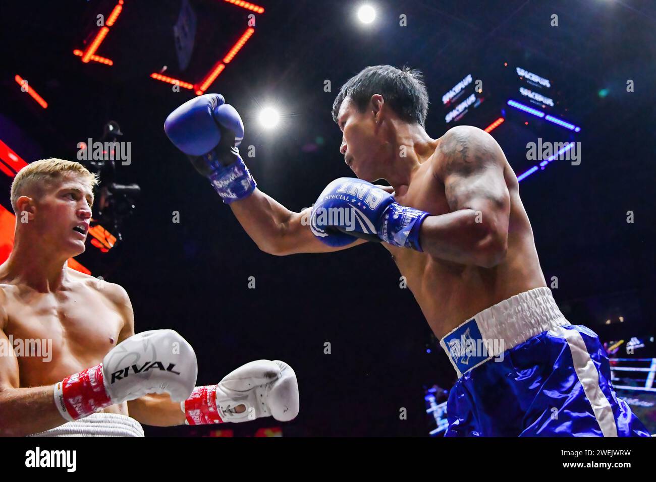 Bangkok, Thailand. 25th Jan, 2024. Russian professional boxer and Youtuber Sergei Vorobev (left ...