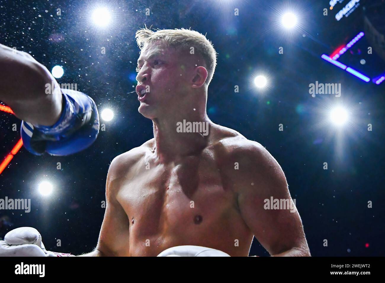 Bangkok, Thailand. 25th Jan, 2024. Russian professional boxer and Youtuber Sergei Vorobev (right ...
