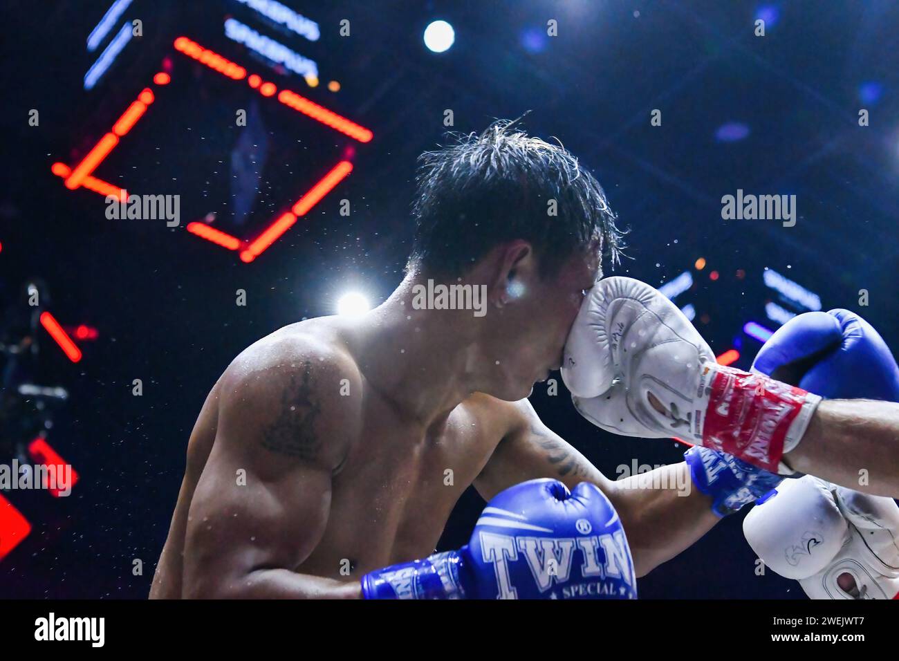 Bangkok, Thailand. 25th Jan, 2024. Russian professional boxer and Youtuber Sergei Vorobev (right ...