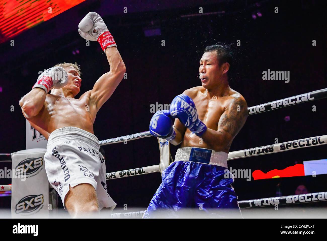 Bangkok, Thailand. 25th Jan, 2024. Russian professional boxer and Youtuber Sergei Vorobev (left ...