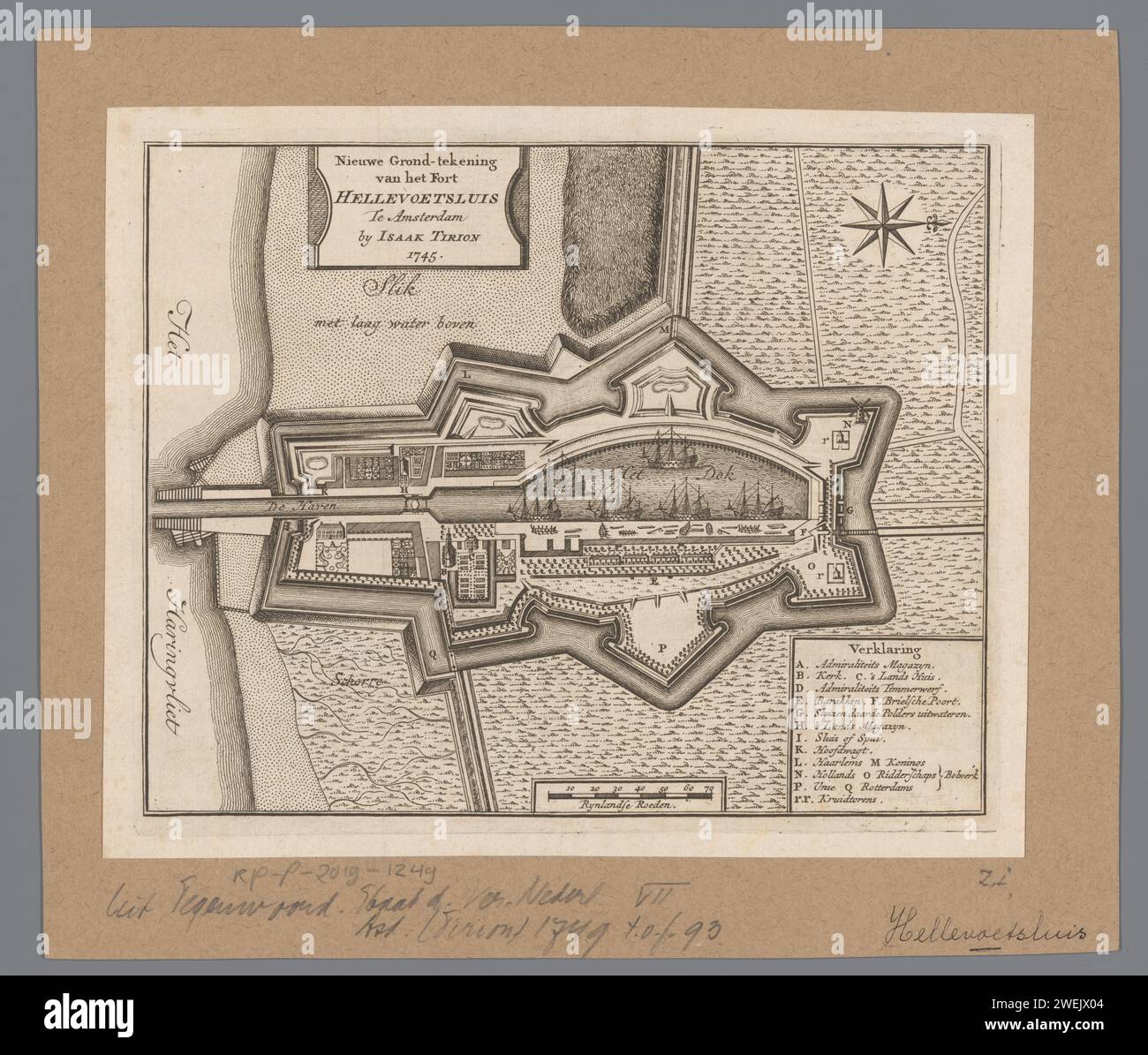 Map of the Vesting Hellevoetsluis, Anonymous, 1745 print At the bottom right a legend. paper ...
