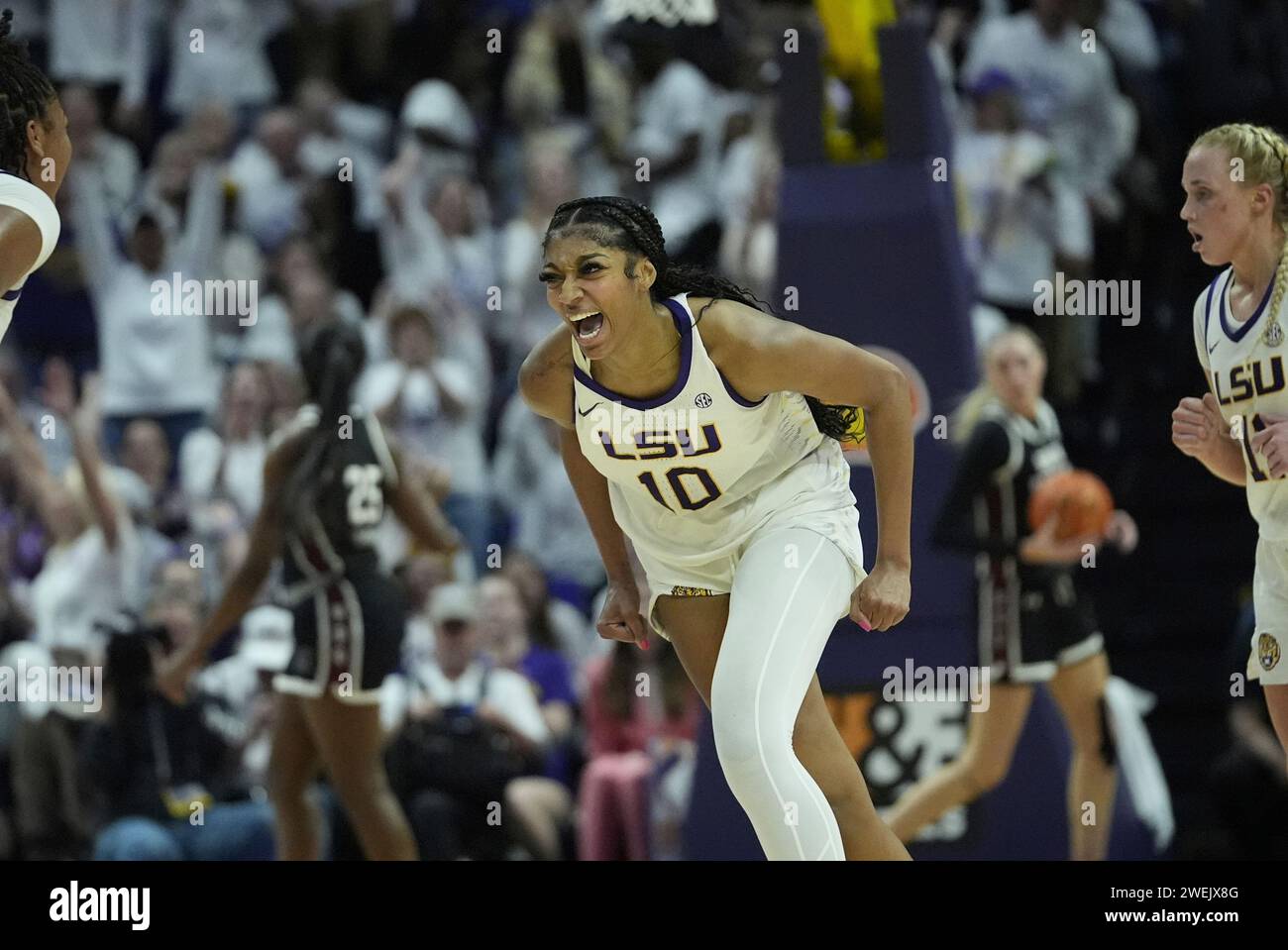 LSU forward Angel Reese (10) reacts after scoring in the second half an ...