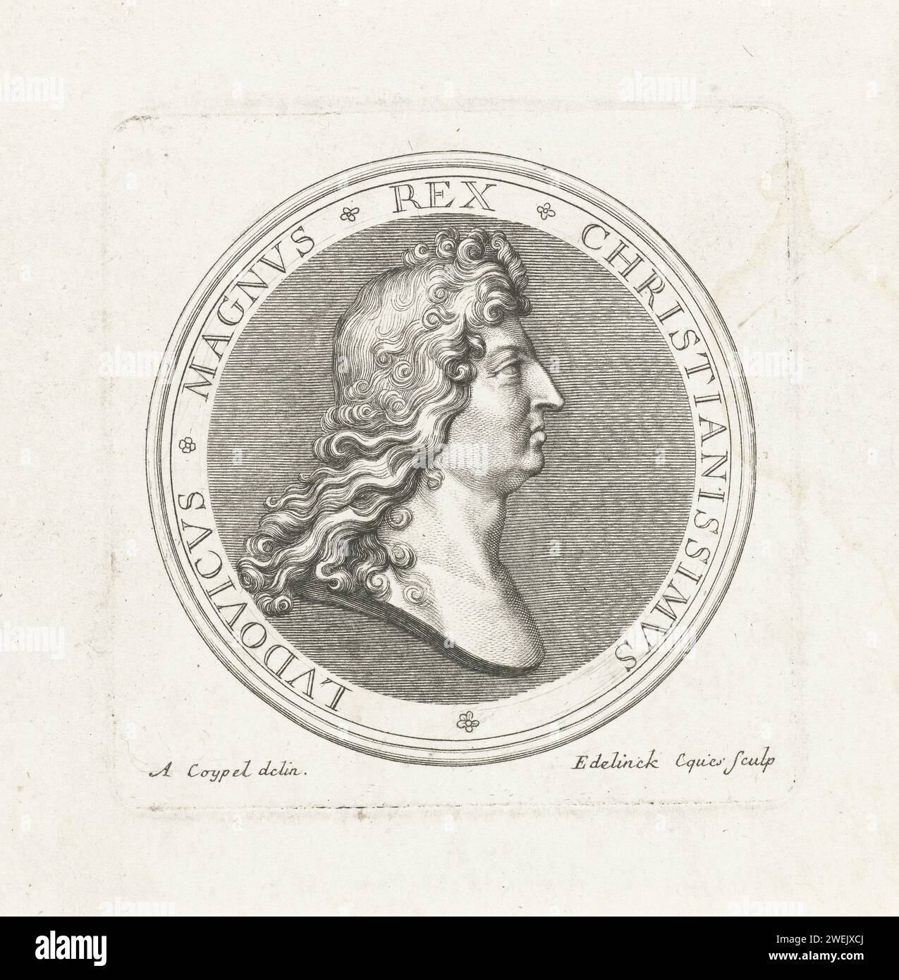 Penning with bust of Louis XIV, Gerard Edelinck, after Antoine Coypel ...