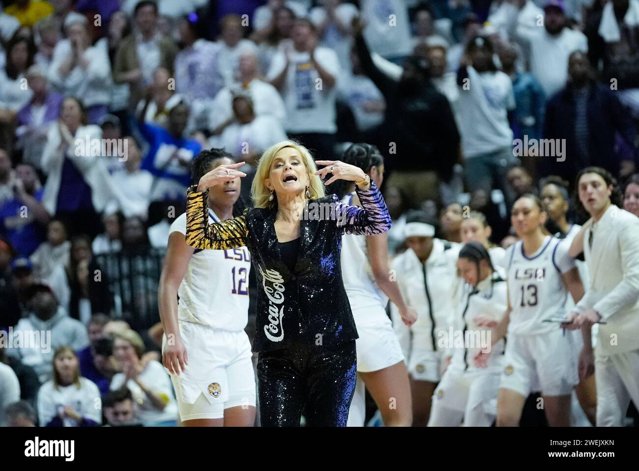 LSU head coach Kim Mulkey calls out from the bench in the second half ...