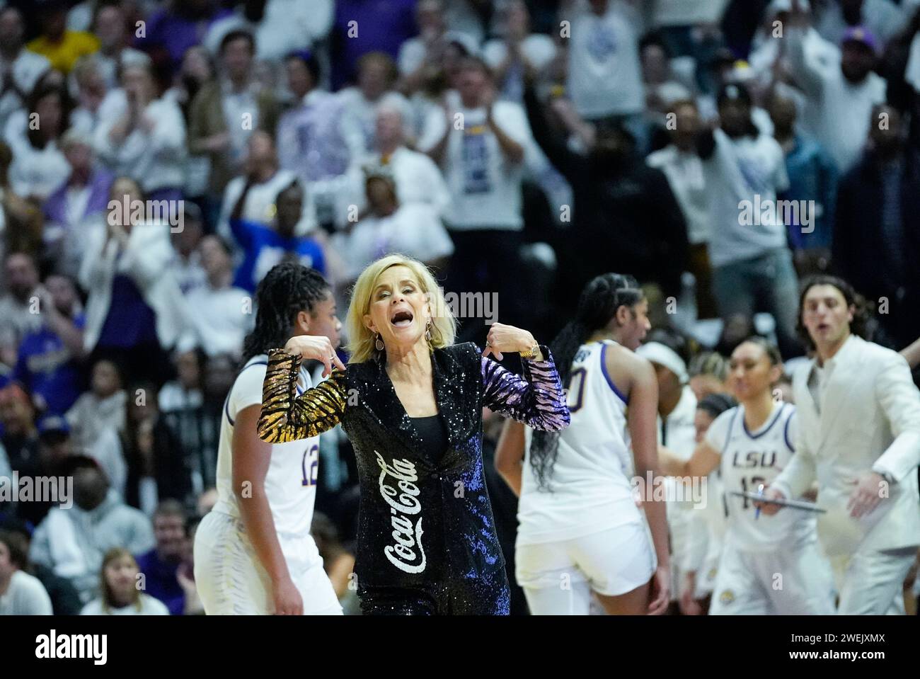 LSU head coach Kim Mulkey calls out from the bench in the second half ...