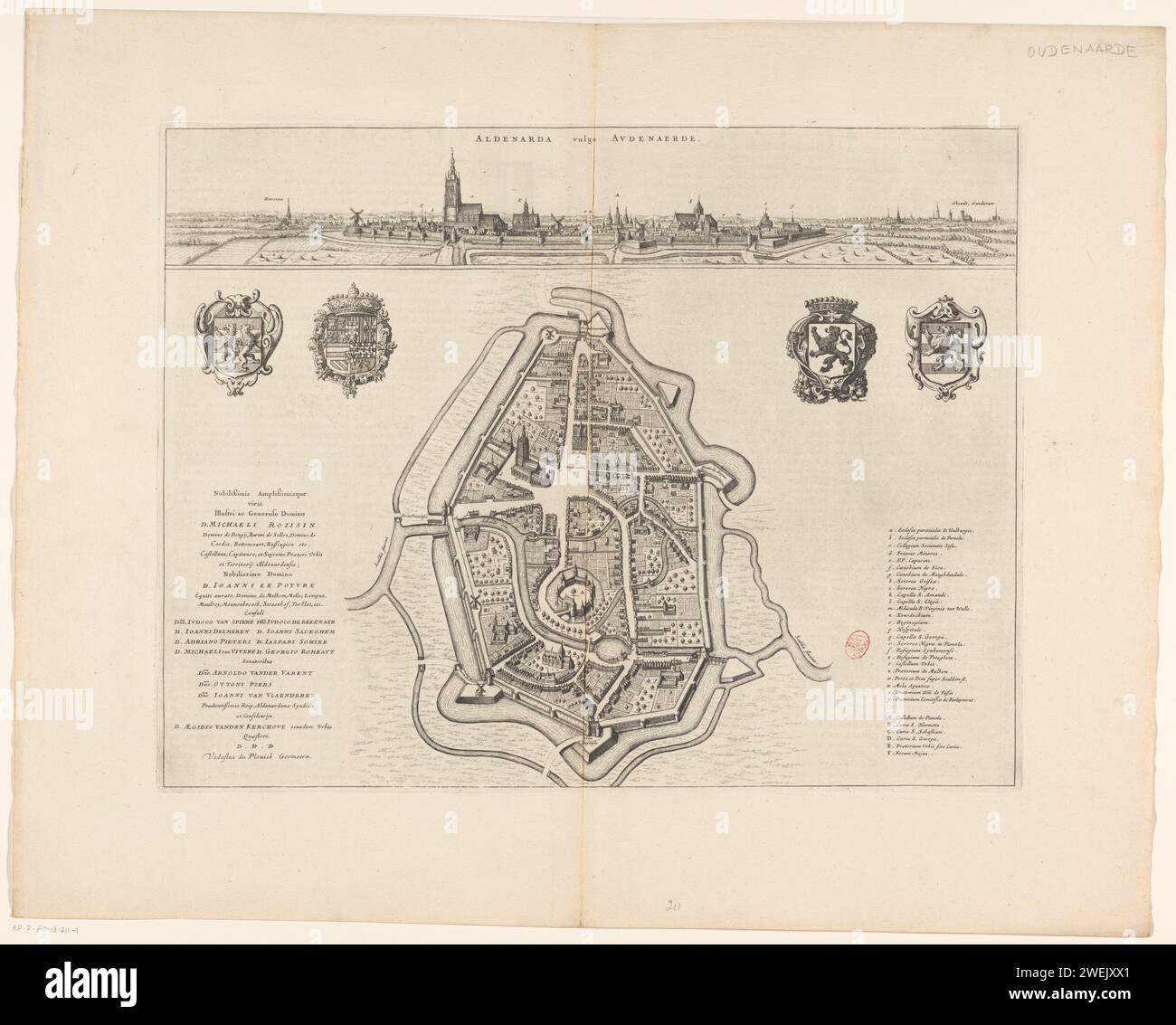 Map of and face on Oudenaarde, Anonymous, 1652 print Above a face on ...